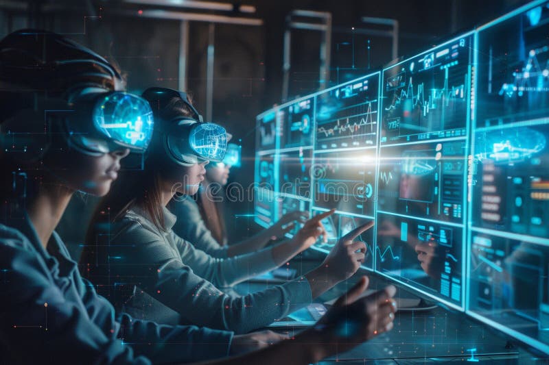 Group of People Using Vr - Headsets in Front of Monitors Stock ...