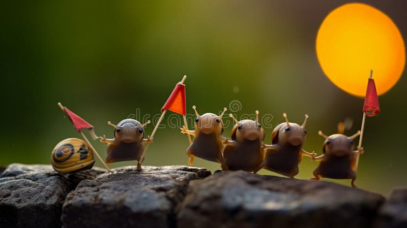 AI Generated Illustration of a Group of Snails with Red Flags Stock ...