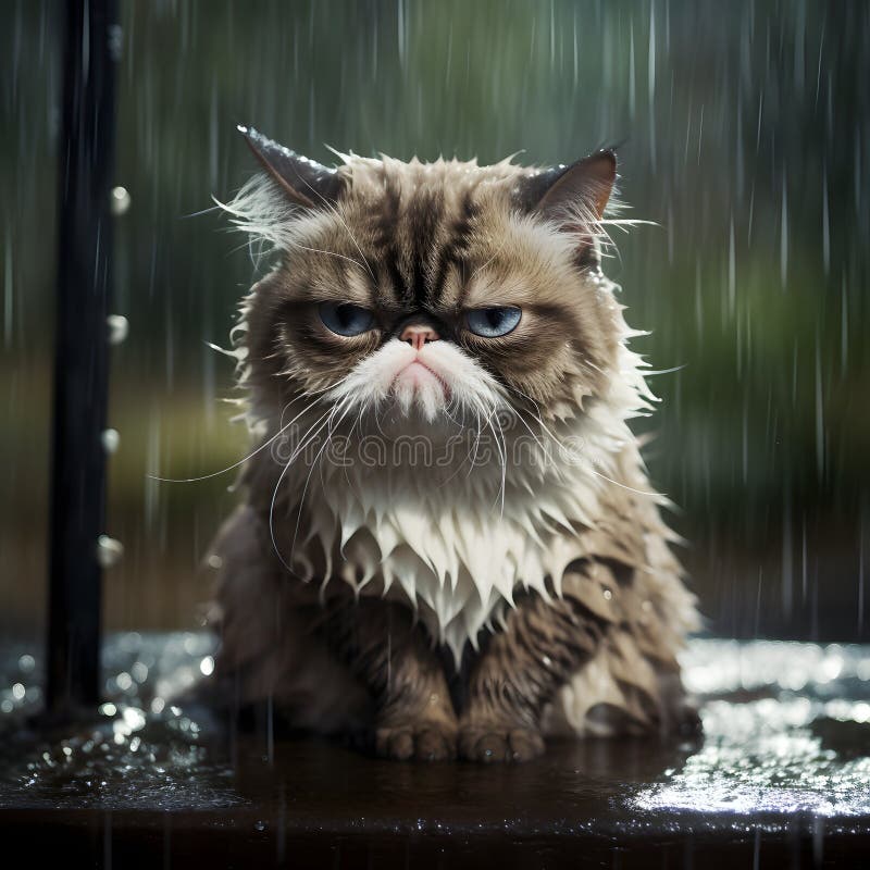 AI Generated Illustration of a Grumpy Cat in the Rain Stock ...