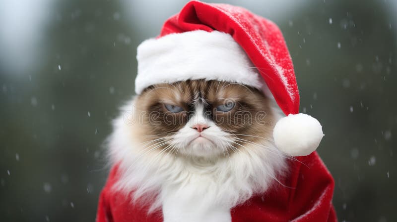 AI-generated Illustration of the Grumpy Cat Wearing a Festive Santa Claus Outfit Stock ...