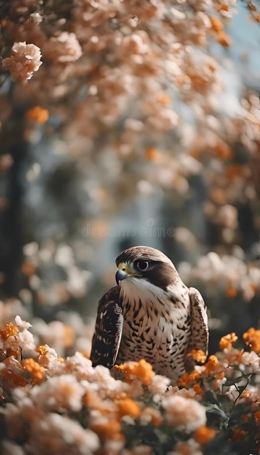 AI-generated Illustration of Hawk Perched on Flowers, Head Tilted Stock ...