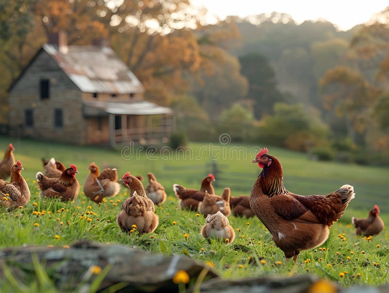 AI Generated Illustration of Hens and Chicks in a Lush Field beside a ...