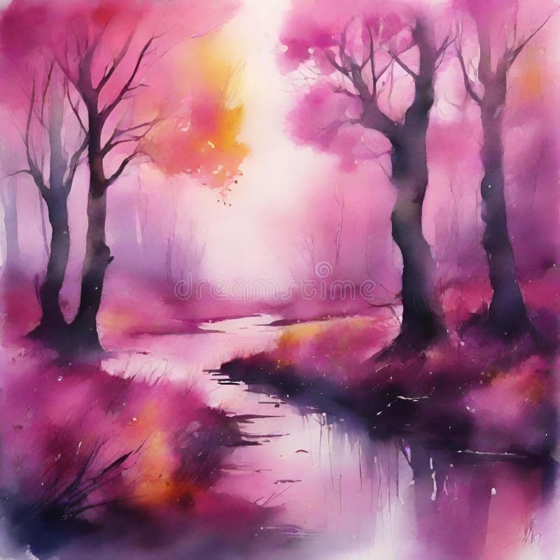Magenta Forest in the Style of a Watercolor Painting Stock Illustration ...