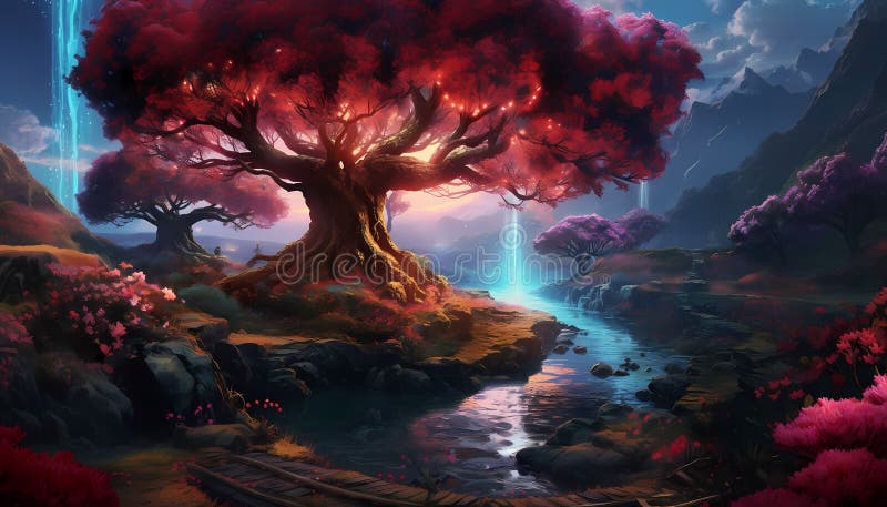The Painting Shows a Fantasy Tree by the River and Waterfall Stock ...