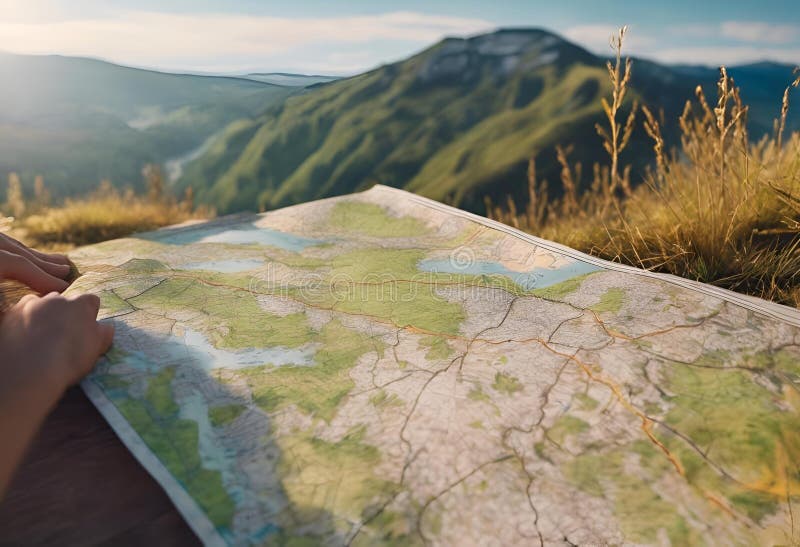 AI Generated Illustration of a Hiker Holding a Map on Mountain Peak ...