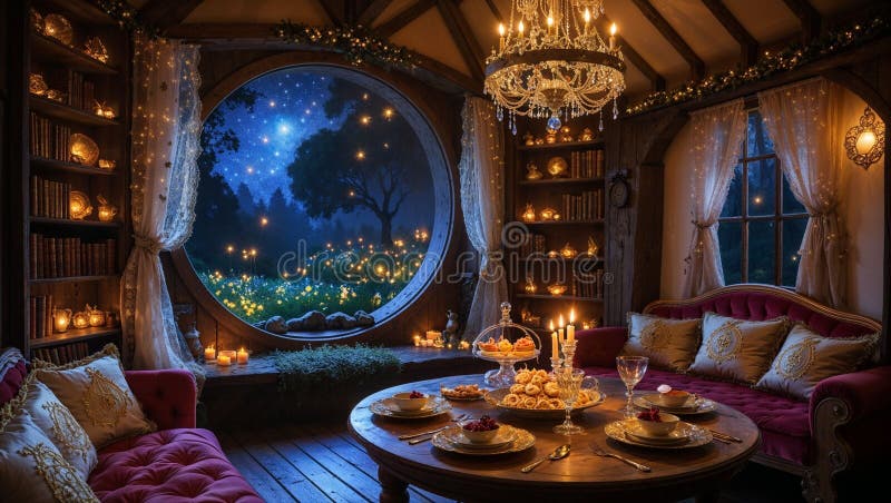 AI-generated Illustration of a Hobbit-inspired Tea Setup Near a Window ...