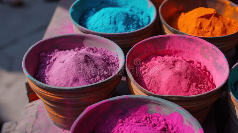 AI-generated Illustration of Holi Powder Colors in Buckets Ready for ...