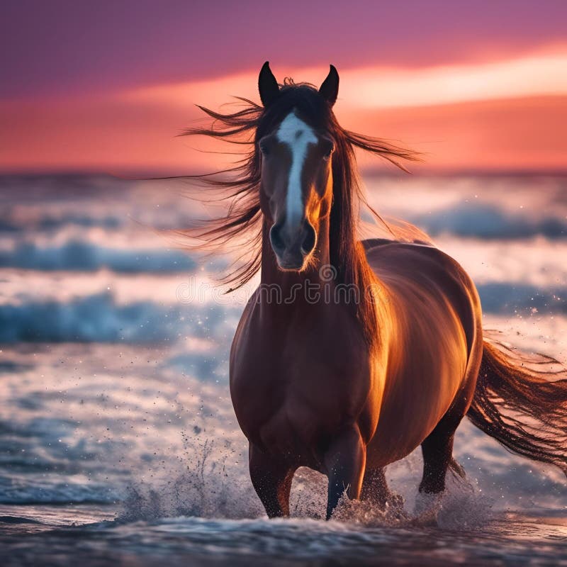 AI Generated Illustration of a Horse Galloping through Sunset-lit Water ...