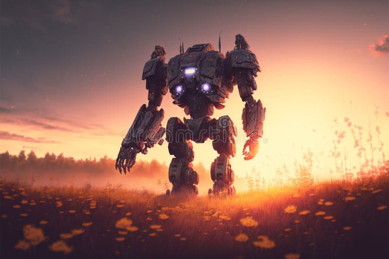 AI Generated Illustration of a Huge Robot Walking in a Forest during ...