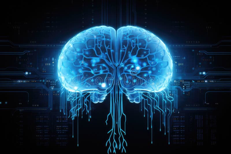 AI Generated Illustration of a Human Brain in Blue Glowing Circuits ...
