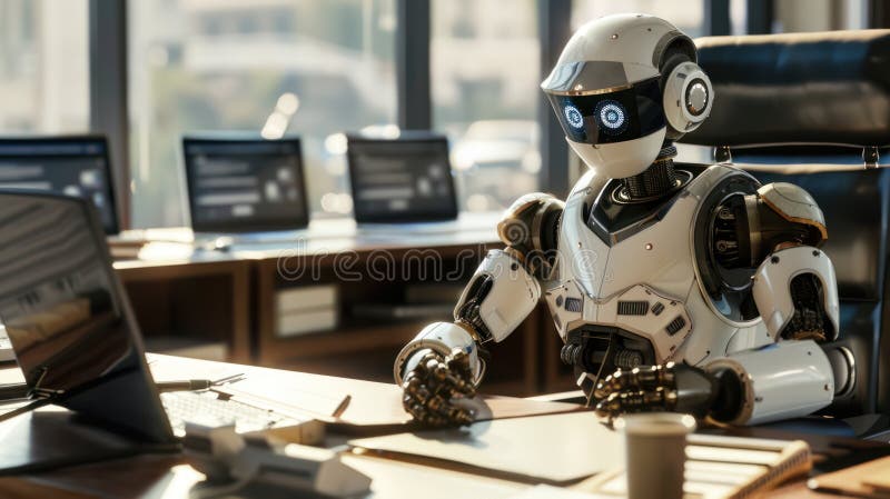 AI-generated Illustration of a Humanoid Robot Sitting at a Desk Engaged ...