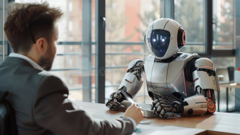 AI-generated Illustration of a Humanoid Robot Sitting at a Desk Engaged ...