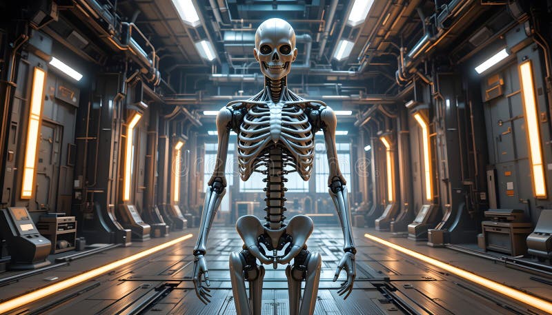 Humanoid Robot Skeleton in Industrial Room Stock Illustration ...