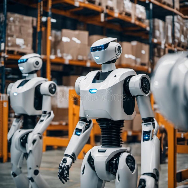 AI Generated Illustration of Humanoid Robots Working in a Warehouse ...