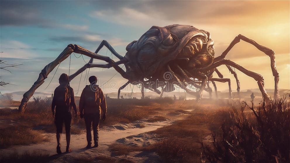 AI Generated Illustration of Humans Standing Facing a Large Evil Cyborg ...