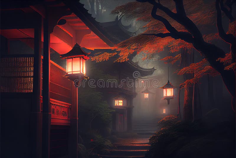 AI Generated Illustration of Hyper-realistic Japanese Houses and Lit ...