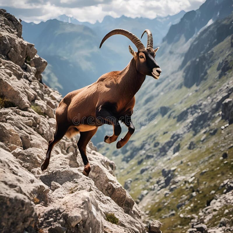 AI Generated Illustration of an Ibex Climbing on a Rocky Mountain in a ...