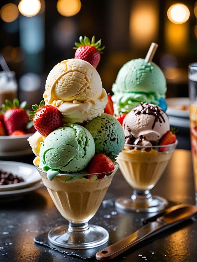 AI Generated Illustration of Ice Cream Sundaes with Three Scoops Each ...