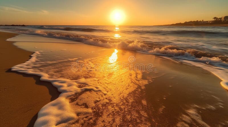 AI Generated Illustration of an Idyllic Beach with the Sun Setting on ...