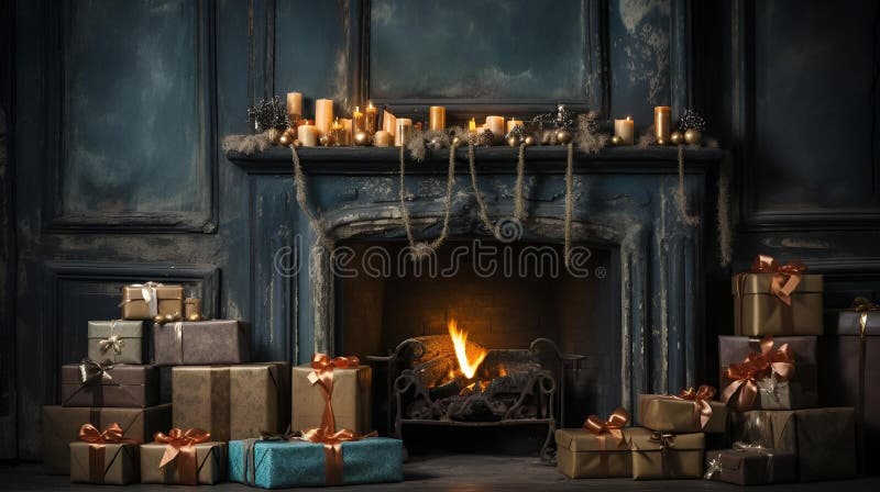 A Fire in a Fireplace Surrounded by Gift Boxes and Candles Stock ...