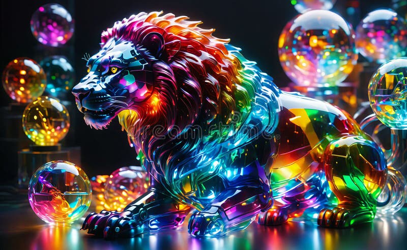 A Lit Up Lion that is Standing in the Light of a Ball Stock ...