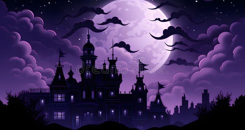 An Illustration of a Castle at Night with Bats Flying Around Stock ...