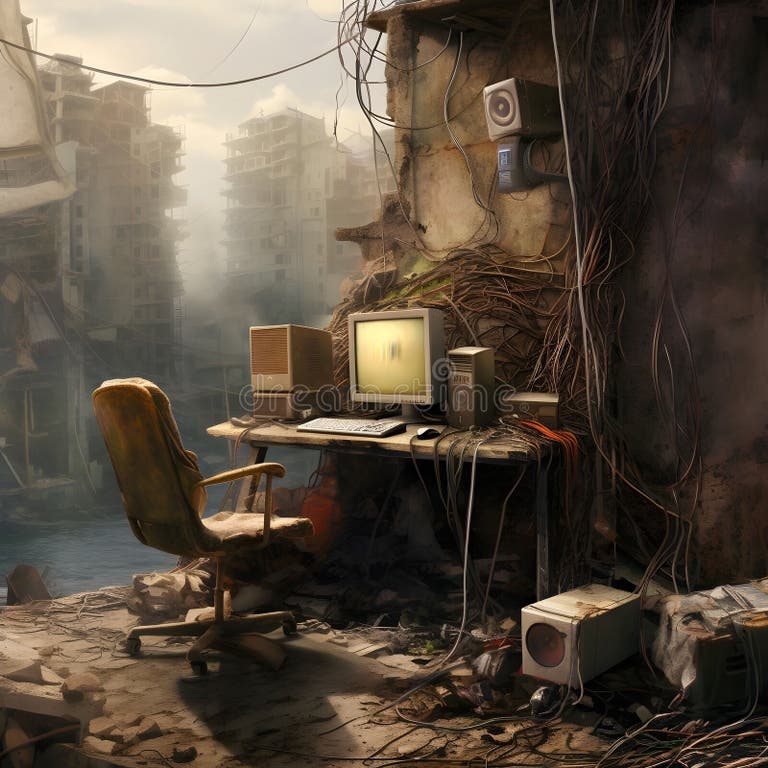A Post-apocalyptic Scene with a Chair and a Computer in the Foreground ...