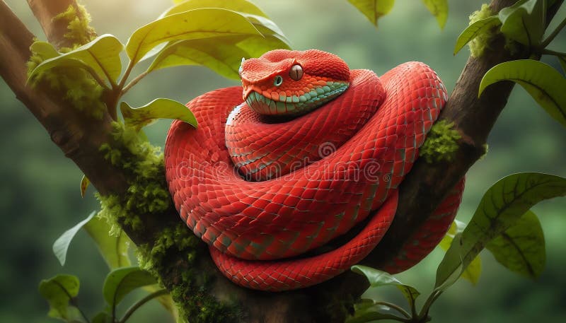 Red Eyelash Viper on Tree Branch Stock Illustration - Illustration of ...