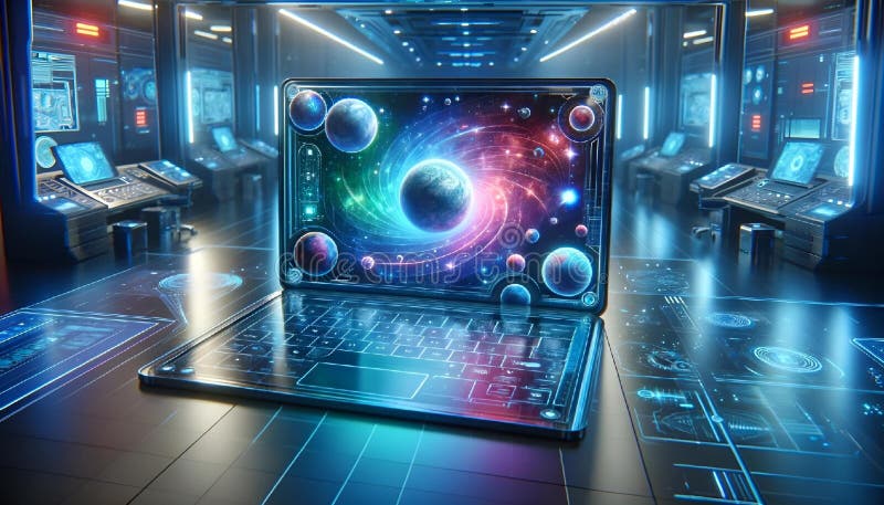 Futuristic Laptop Wth Galaxy Set in a High-tech Environment. Stock ...