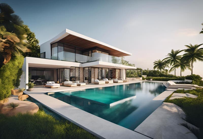 An Exterior Rendering of a Beach Front House with Swimming Pool Stock ...