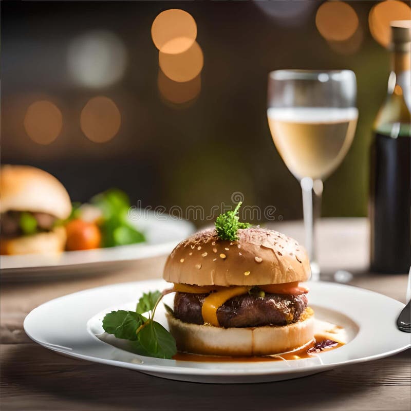 This Burger Has Been Presented with a Glass of Wine in Front Stock ...