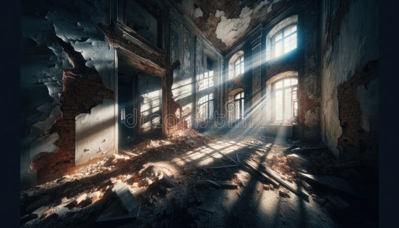 A Large Room with Multiple Windows and Rubbles Surrounding it Stock ...