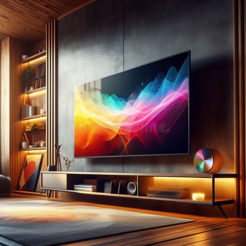 A Flat Screen Tv on the Floor in a Living Room Stock Illustration ...