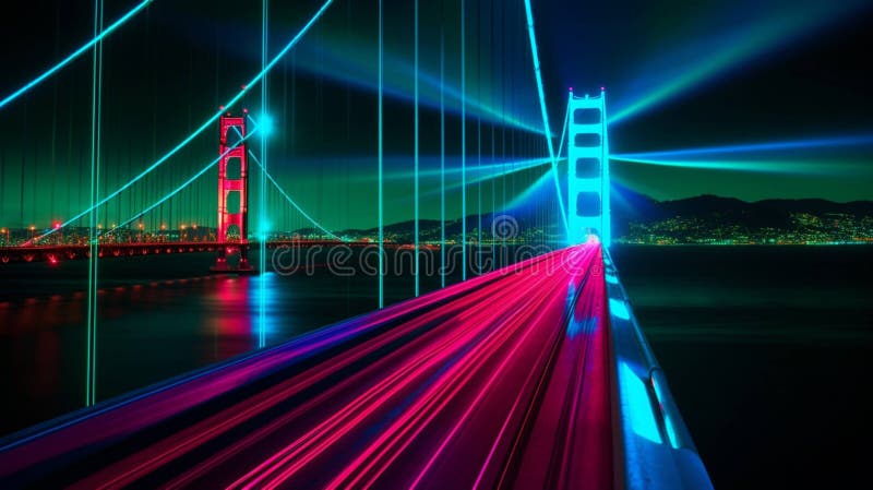 A Long Bridge at Night with Lights Shining on the Sides Stock ...