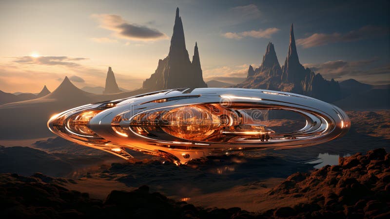 An Alien Space Ship in a Futuristic Landscape with Rocks, Mountains and ...