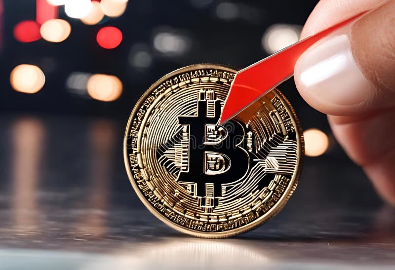 A Hand is Using a Bitcoins with a Red Arrow Over Them Stock ...