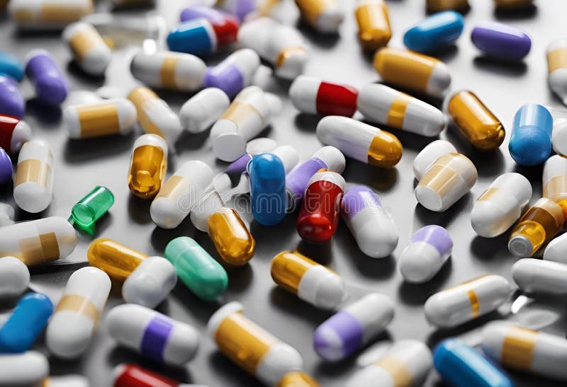 Many Pills are Scattered Together on a White Surface, Close Up Stock ...