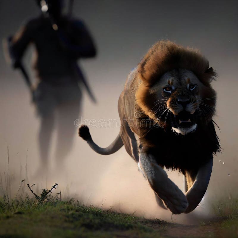 A Running Lion Chased by a Hunter Stock Illustration - Illustration of ...