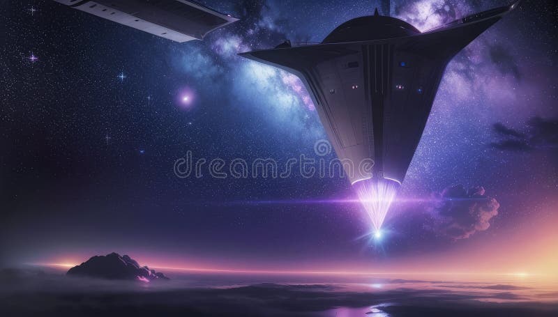 Spaceship Drifting through Space, with Purple and Blue Clouds and Stars ...