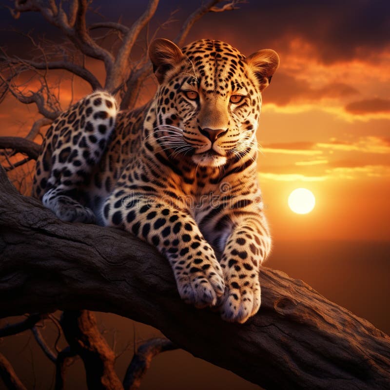 Sunset leopard stock illustration. Illustration of fantasy - 294980876