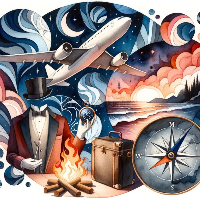 A Plane, Compass, Boat, Hat and Suitcase in an Image of Travel Stock ...