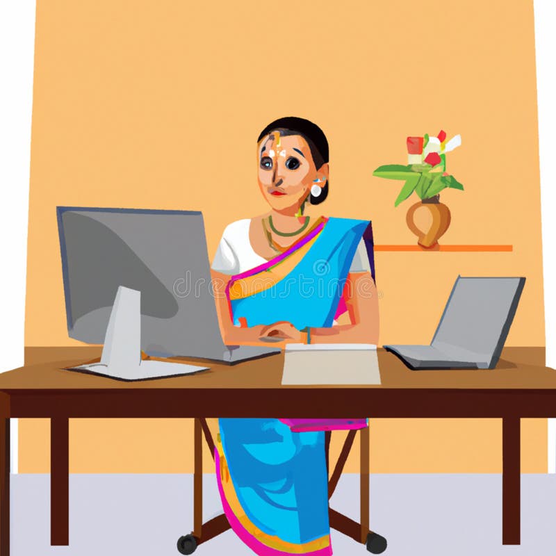 AI Generated Illustration of Indian Women Working on Computer Stock ...