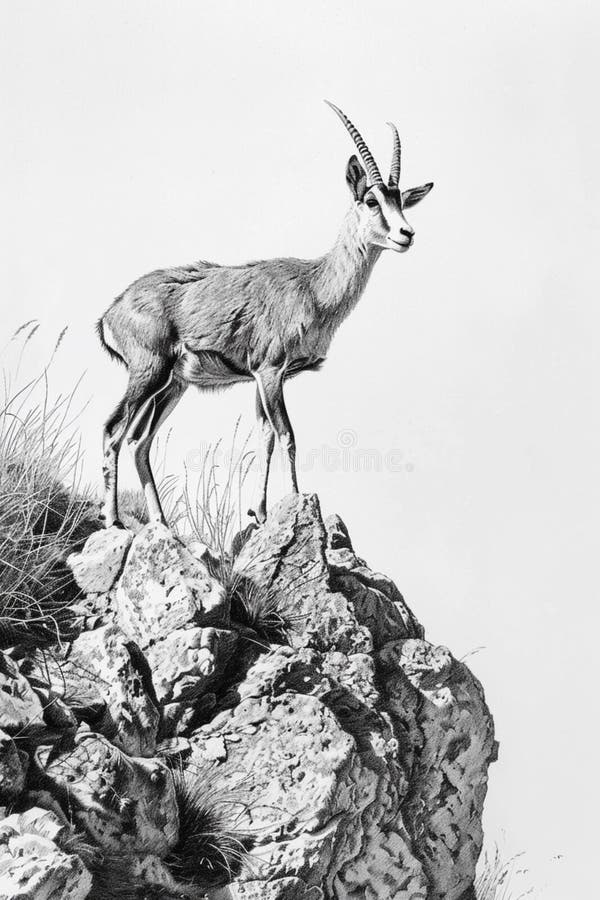 AI-generated Illustration of Ink Drawing of an Antelope on a Cliff ...