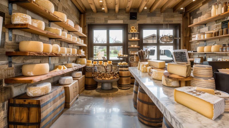 AI Generated Illustration of the Interior of a Cheese Shop, with Wheels ...