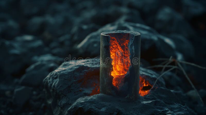 Iron Cylinder with Lava Inside Cracking Against Rocks. Stock ...