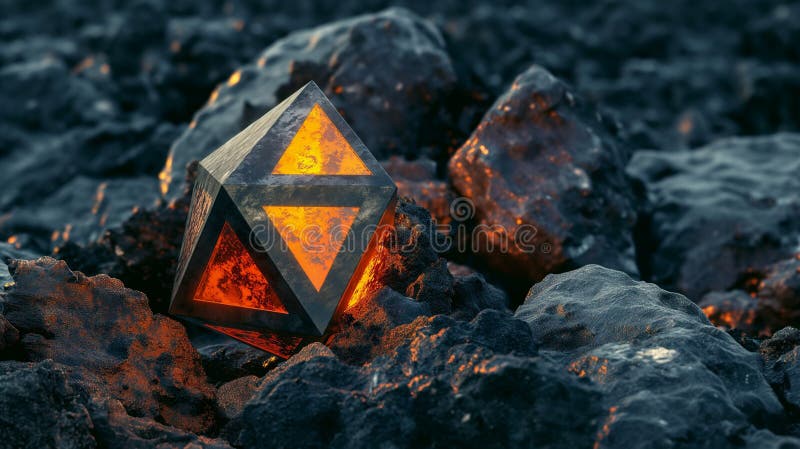 Iron Octahedron with Lava Inside Cracking Against Rocks. Stock Photo ...