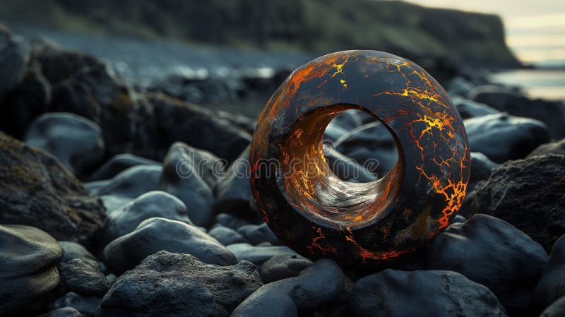 Iron Torus with Lava Inside Cracking Against Rocks. Stock Image - Image ...
