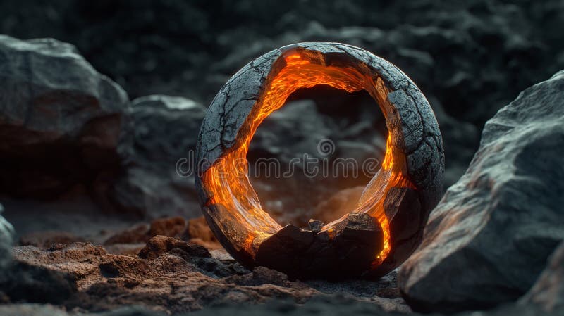Iron Torus with Lava Inside Cracking Against Rocks. Stock Illustration ...