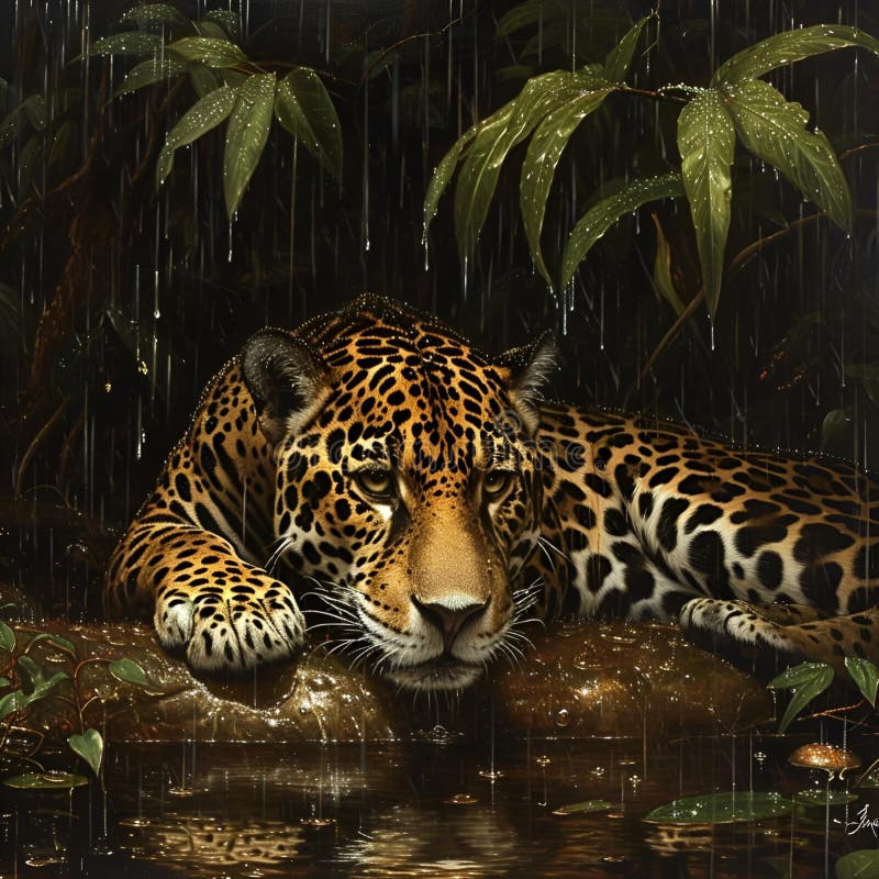 Jaguar in rain forest stock illustration. Illustration of generative ...