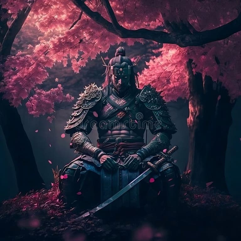 AI Generated Illustration of a Japanese Samurai Warrior Sitting Under a ...